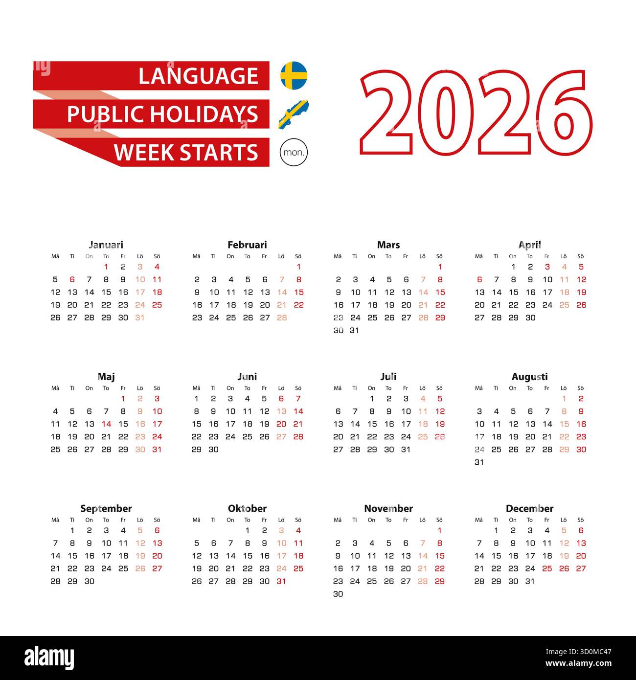Calendar 2026 in Swedish language with public holidays the country of ...