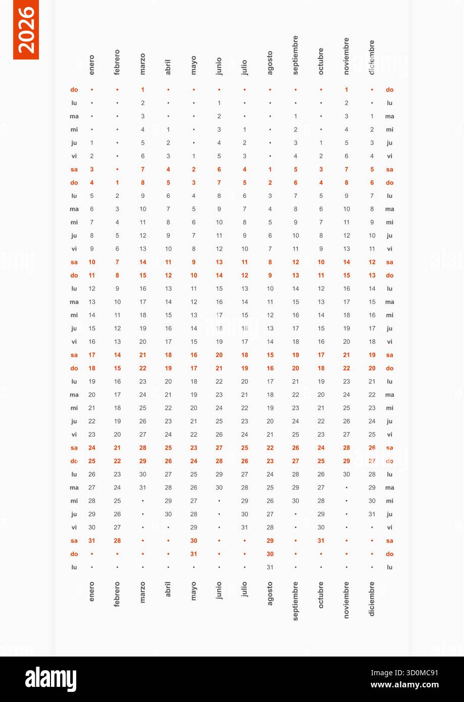 Spanish one row vertical calendar 2026, sunday first day of the week ...