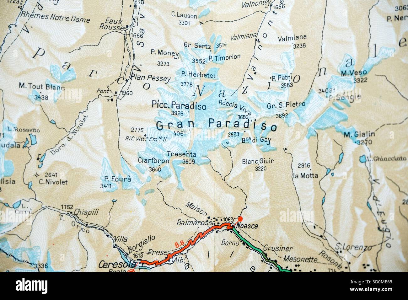 Vintage road map detail of Gran Paradiso National Park and surrounding ...