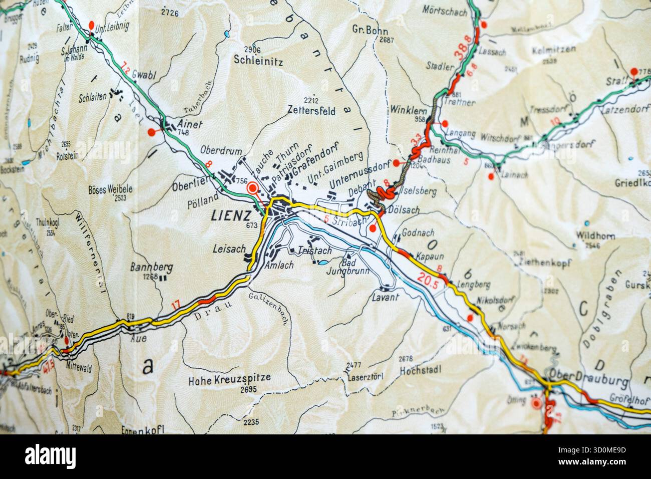 Vintage road map detail showing Lienz (Austria) and the Drau/Isel ...