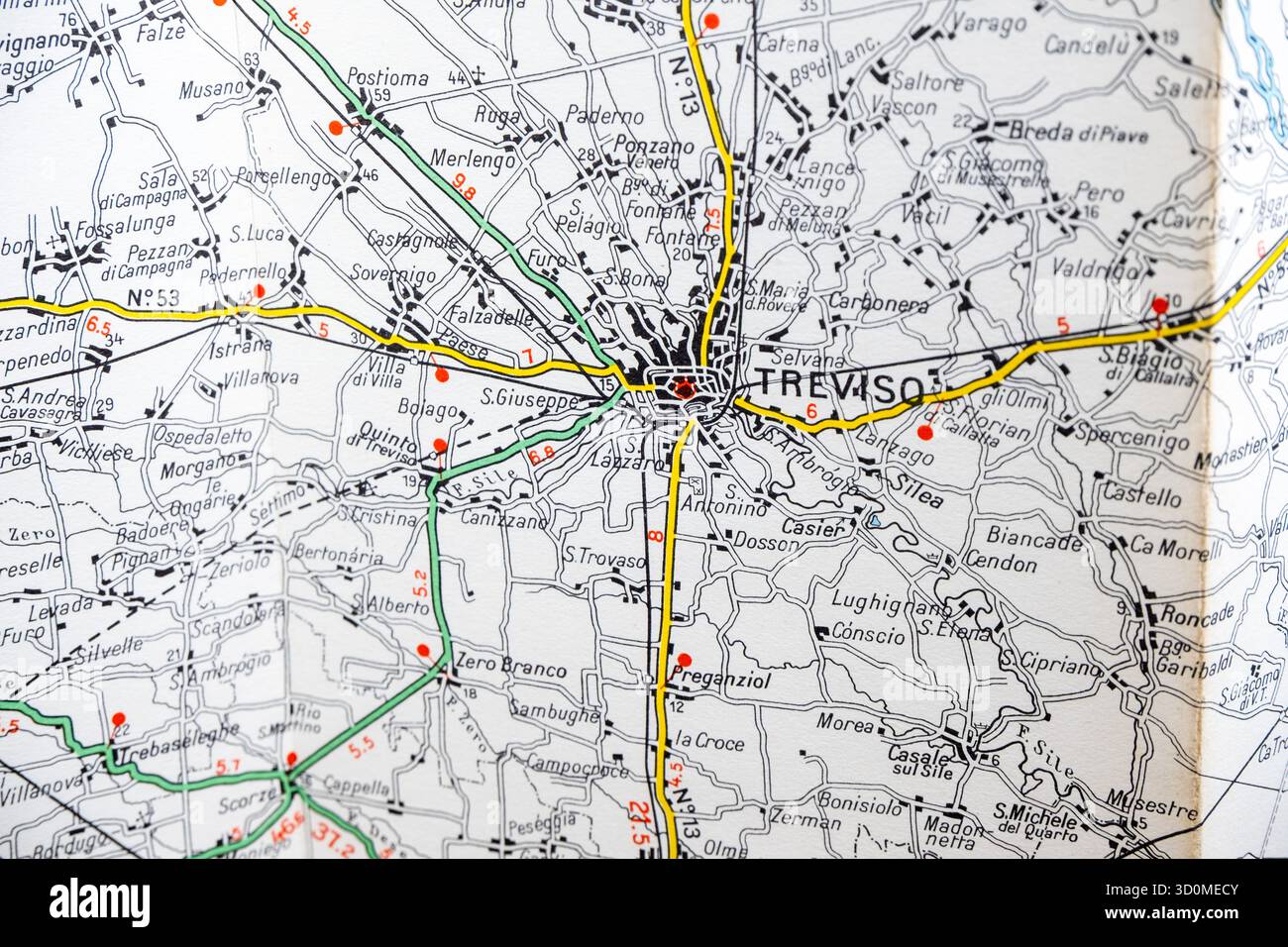 Vintage road map detail showing Treviso and its immediate surroundings ...