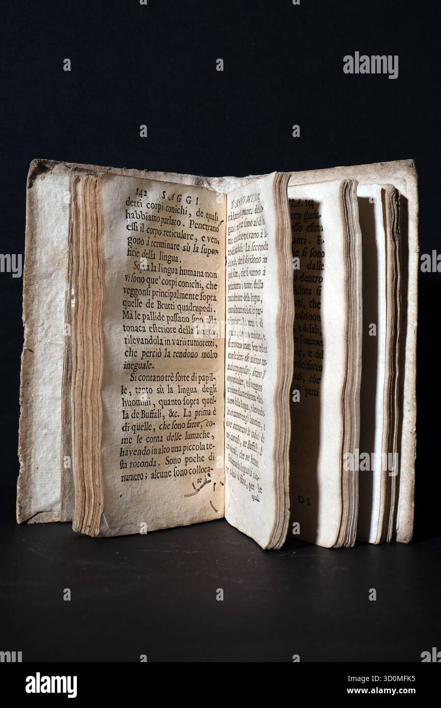Open pages of a very old, deteriorated book (early print), showing aged ...