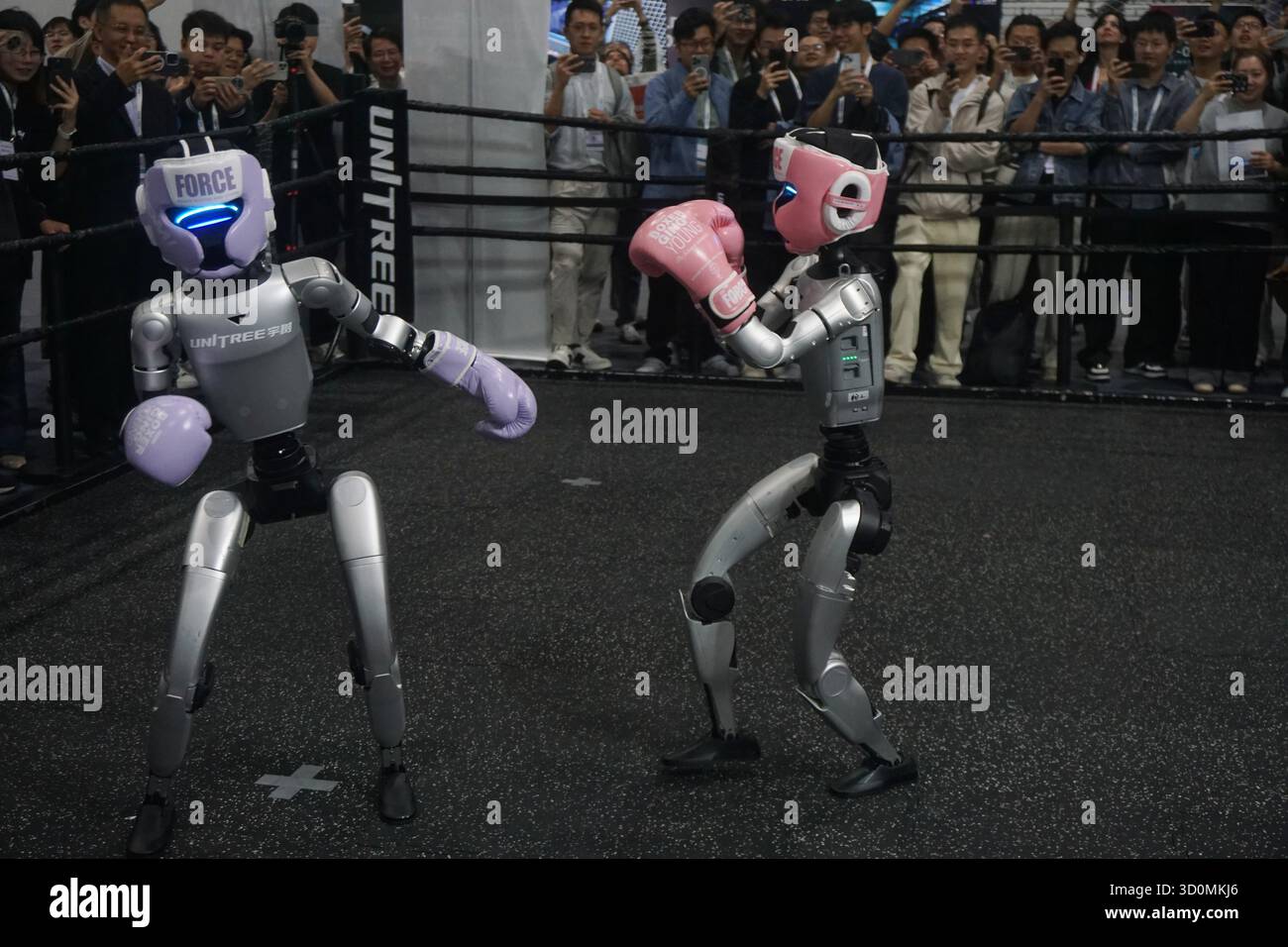 People watch Unitree Robotics's humanoid robots compete in a boxing ...
