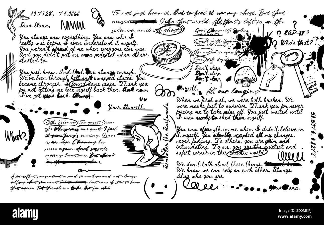 Hand write scribble letters with text, compass drawing, mushroom sketch ...