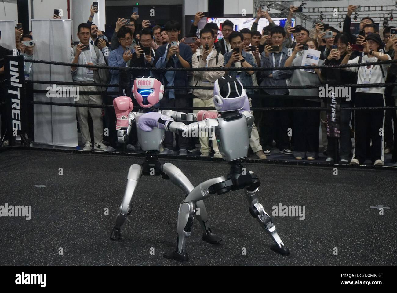 People watch Unitree Robotics's humanoid robots compete in a boxing ...