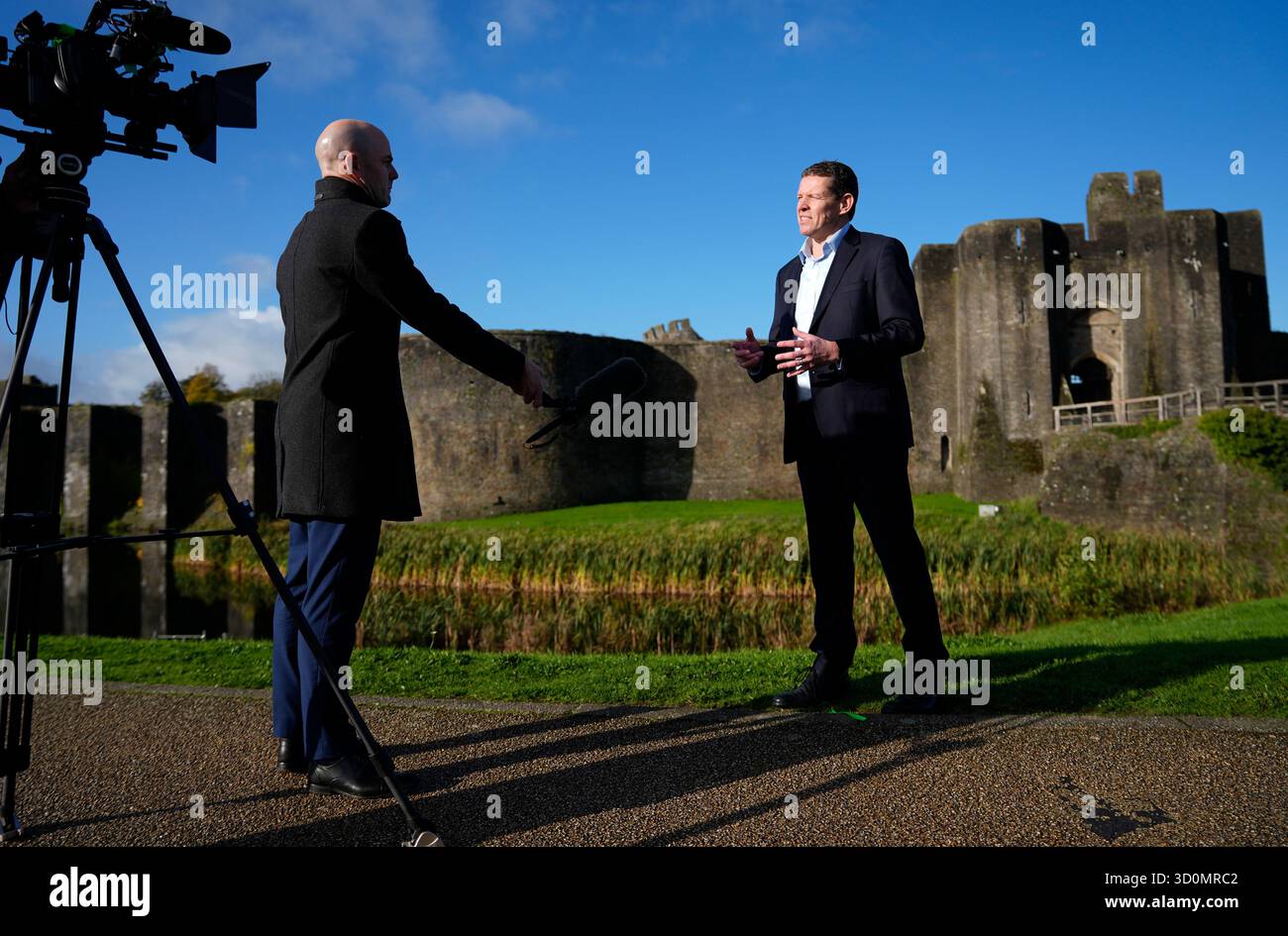 Plaid Cymru Leader Rhun ap Iorwerth speaks with media in front of ...