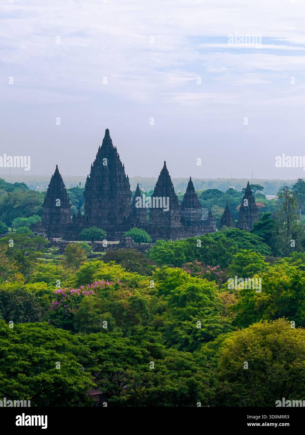 Aerial view of the magnificent Prambanan Temple complex rising ...