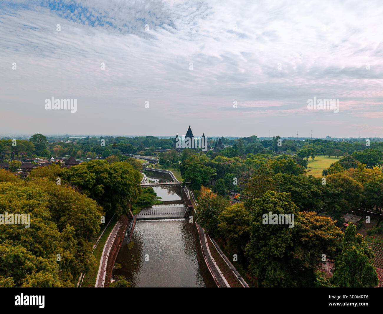 Aerial view of Prambanan Temple standing majestically amidst verdant ...