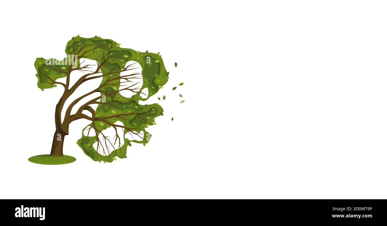 Oak tree in windy weather. Vector wood symbol in breeze season. Airy ...