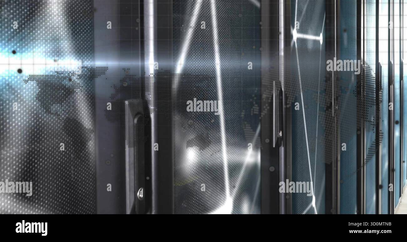 Server racks stretching through lit data center corridor, with world ...