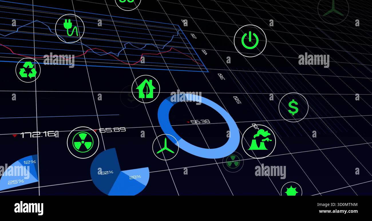 Displaying blue ring chart on data dashboard, with pie charts, line ...