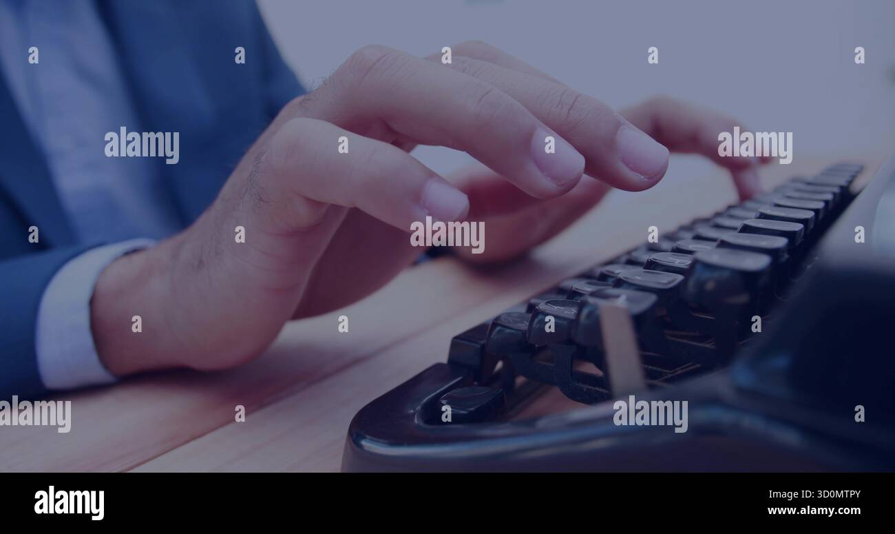 Male hands wearing business attire typing on black keyboard at office ...