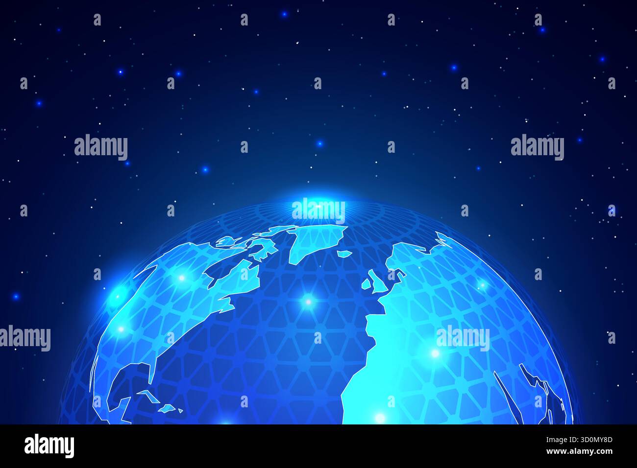 Glowing digital Earth with network grid illuminated against a starry ...