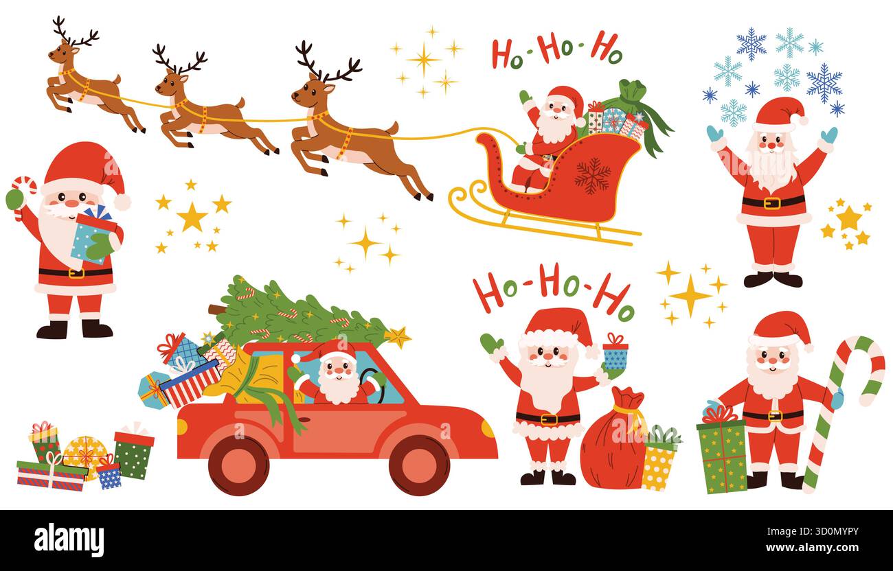 A set of happy Santa Clause with candy cane, with a sack of gifts, on a ...