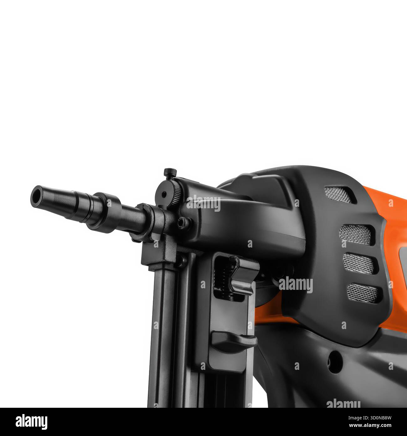 Detailed close-up of a pneumatic nail gun with black and orange casing ...