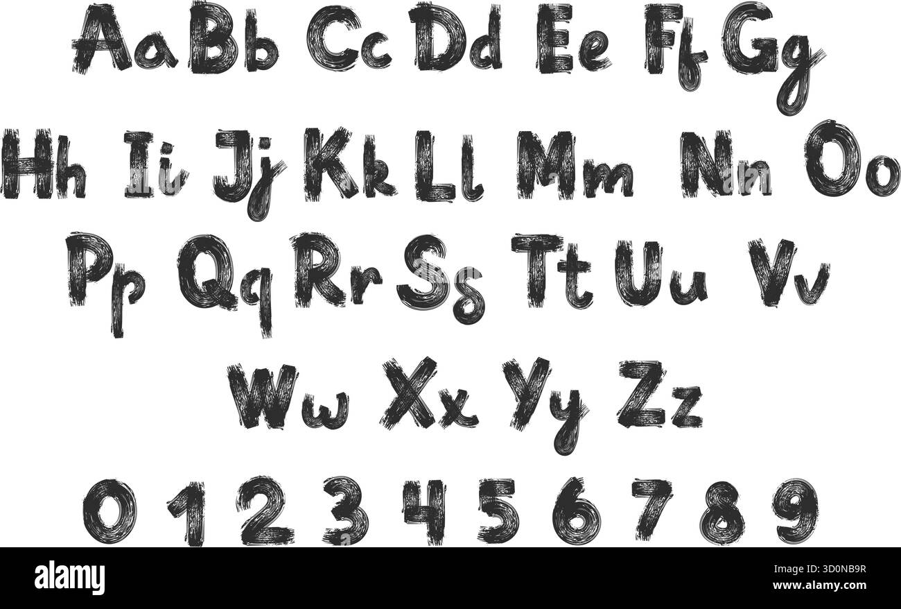 Grunge brush font. Hand drawn numbers, alphabet uppercase and paint ...