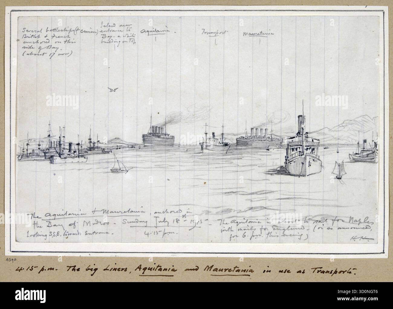 Aquitania and RMS Mauretania in use as transports, drawing Stock Photo ...