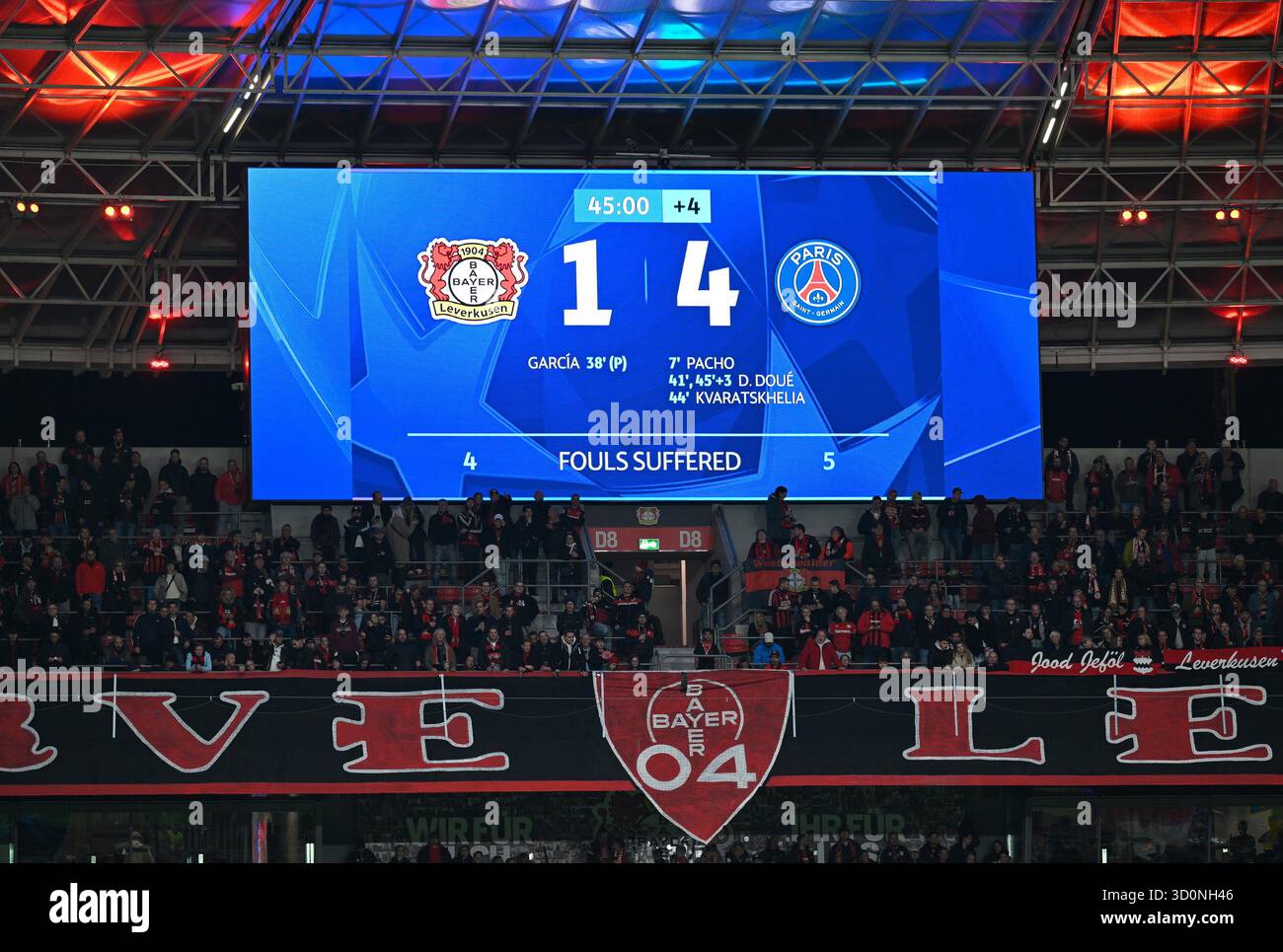 Scoreboard with halftime score, BayArena Leverkusen, September 21, 2025 ...