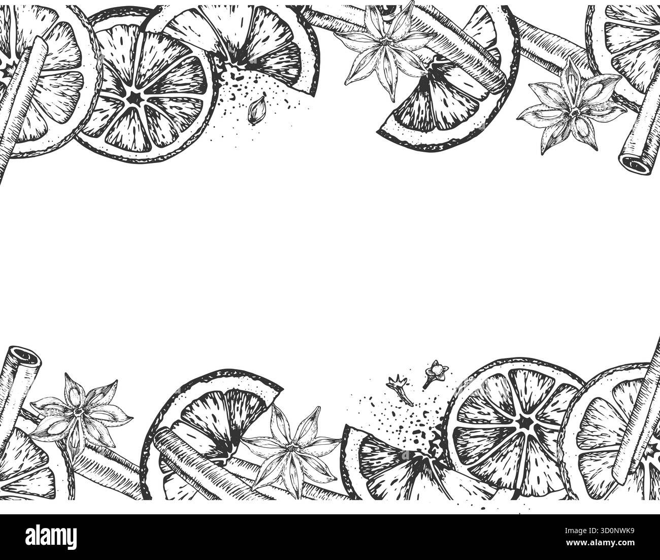 A seamless graphic vector border with oranges, cinnamon, star anise ...