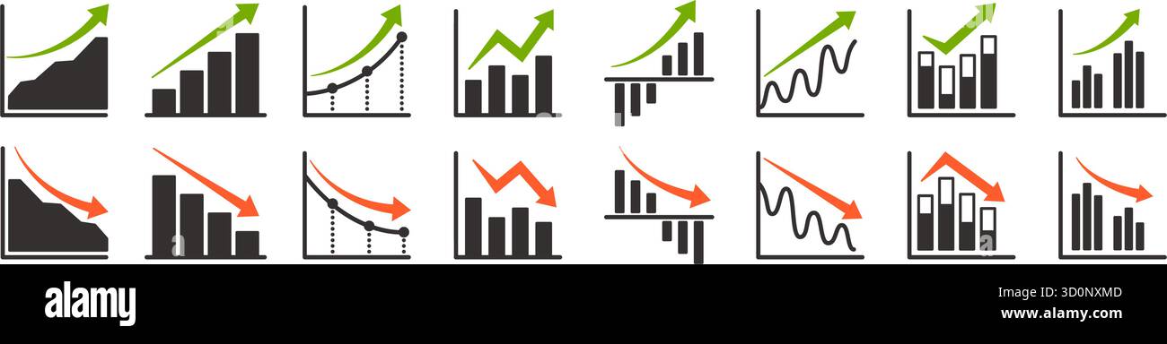 Up and down graph icons. Arrow charts, growth diagram and decline graph ...