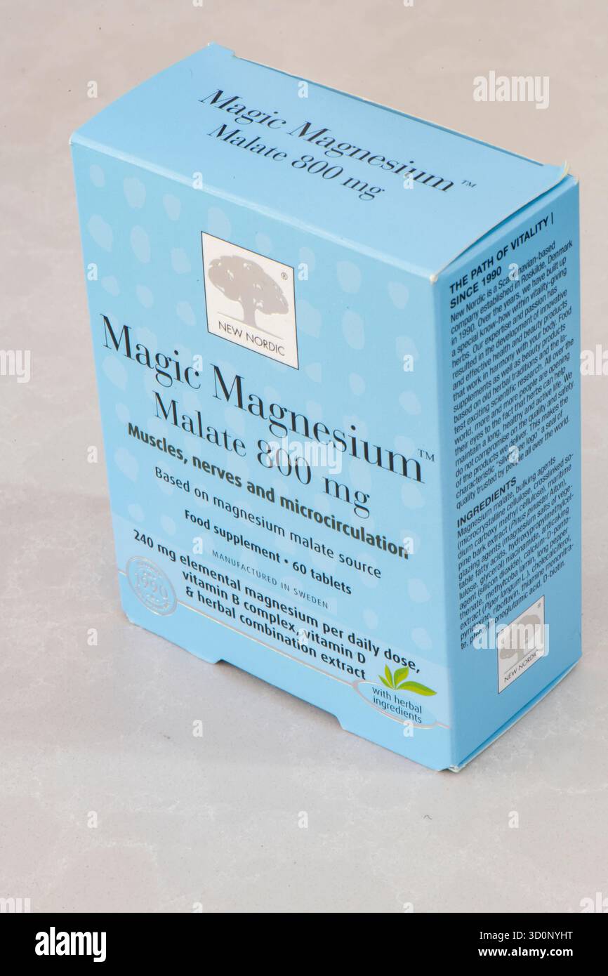 magic magnesium malate tables or pills in a blue box used for muscle ...