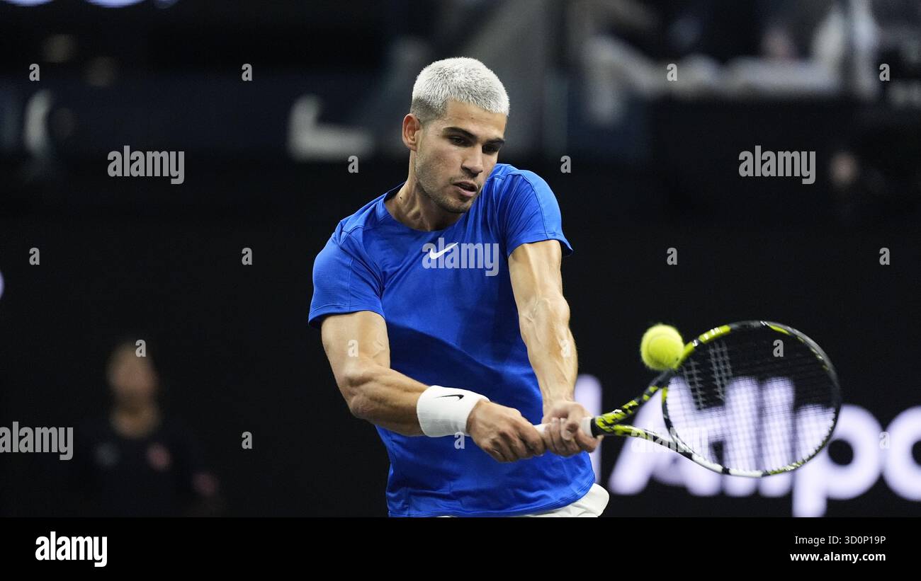 Team Europe's Carlos Alcaraz, of Spain, returns a shot against Team ...