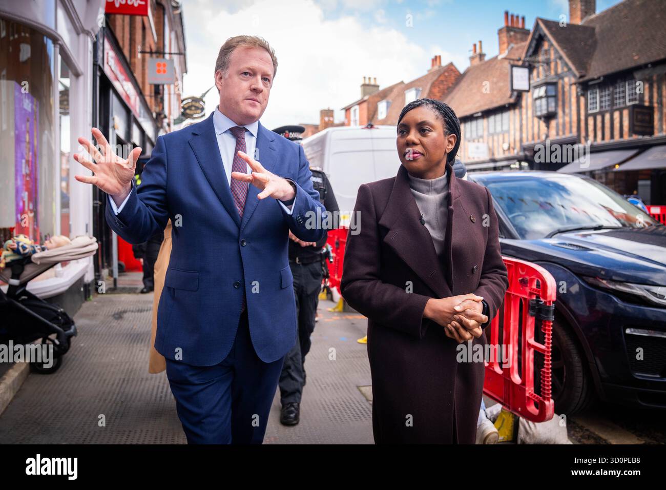 Conservative Party leader Kemi Badenoch walks with Gregory Stafford ...
