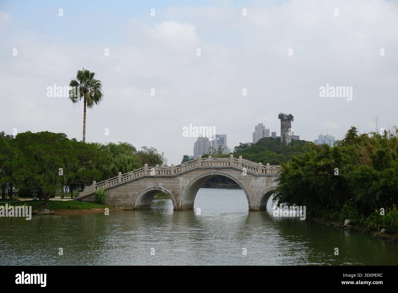 Wenzhou (Zhejiang), China: Lakescape with Wolong Bridge and East Tower ...