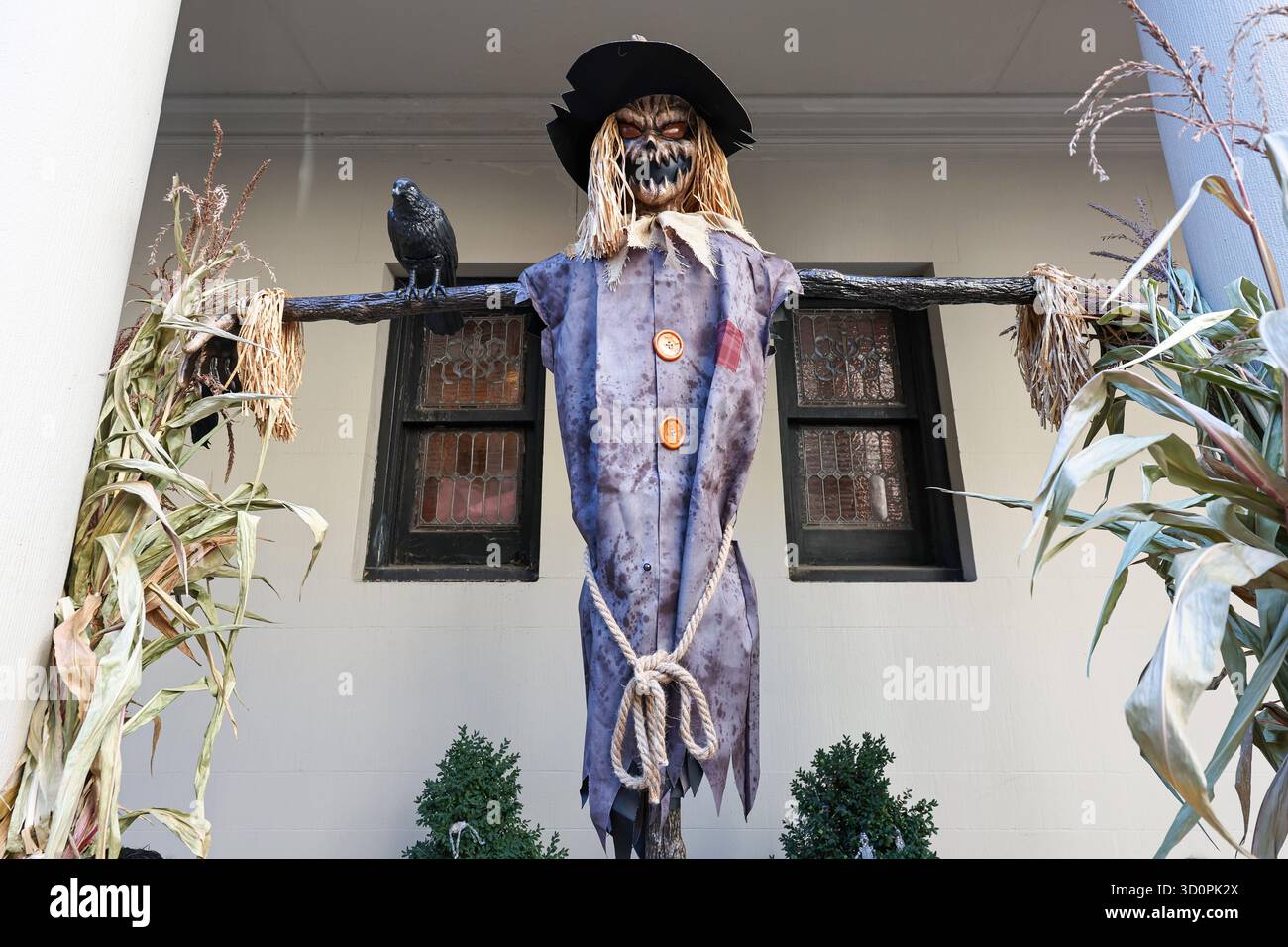 A scarecrow and other Halloween decorations cover the front of an East ...