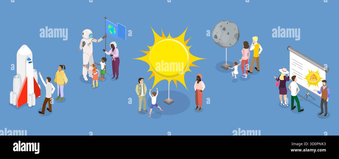 3D Isometric Flat Set of Planetarium Excursion, Museum Astronomical ...