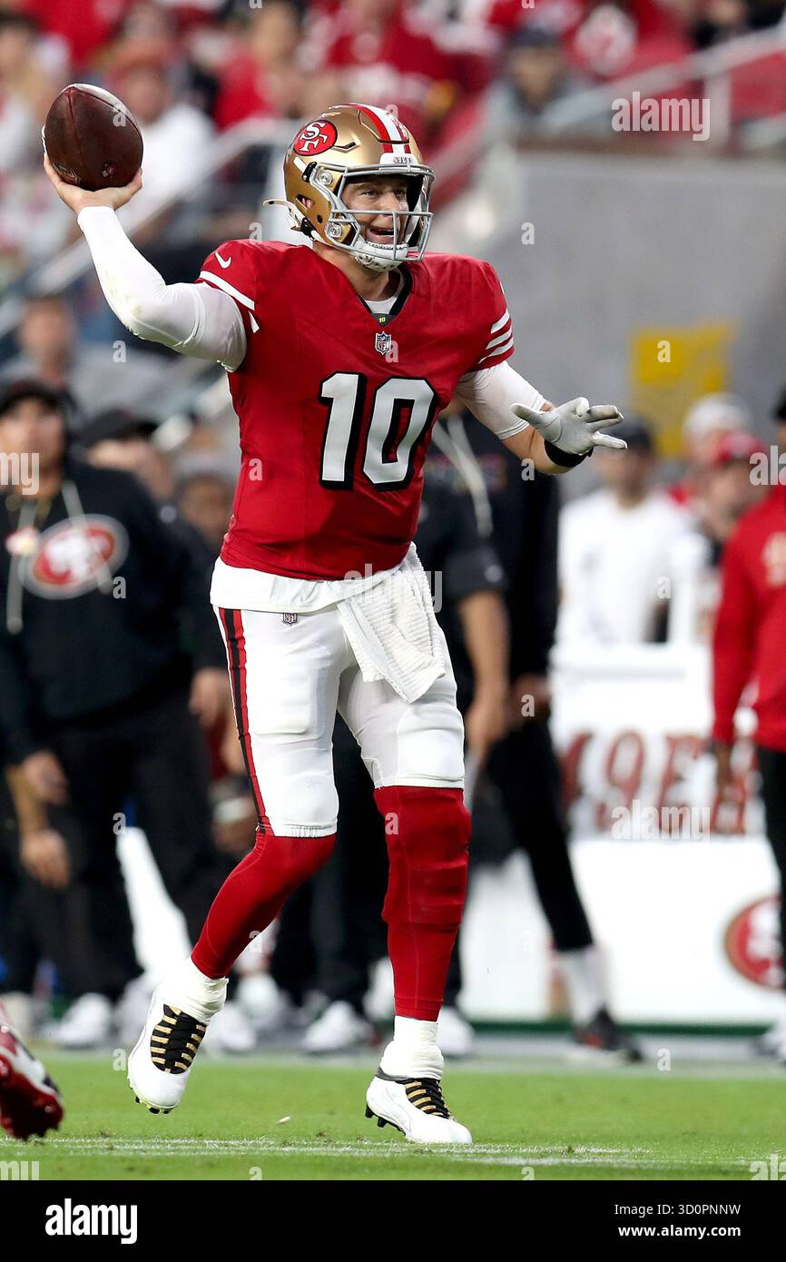 San Francisco 49ers quarterback Mac Jones (10) throws during an NFL ...