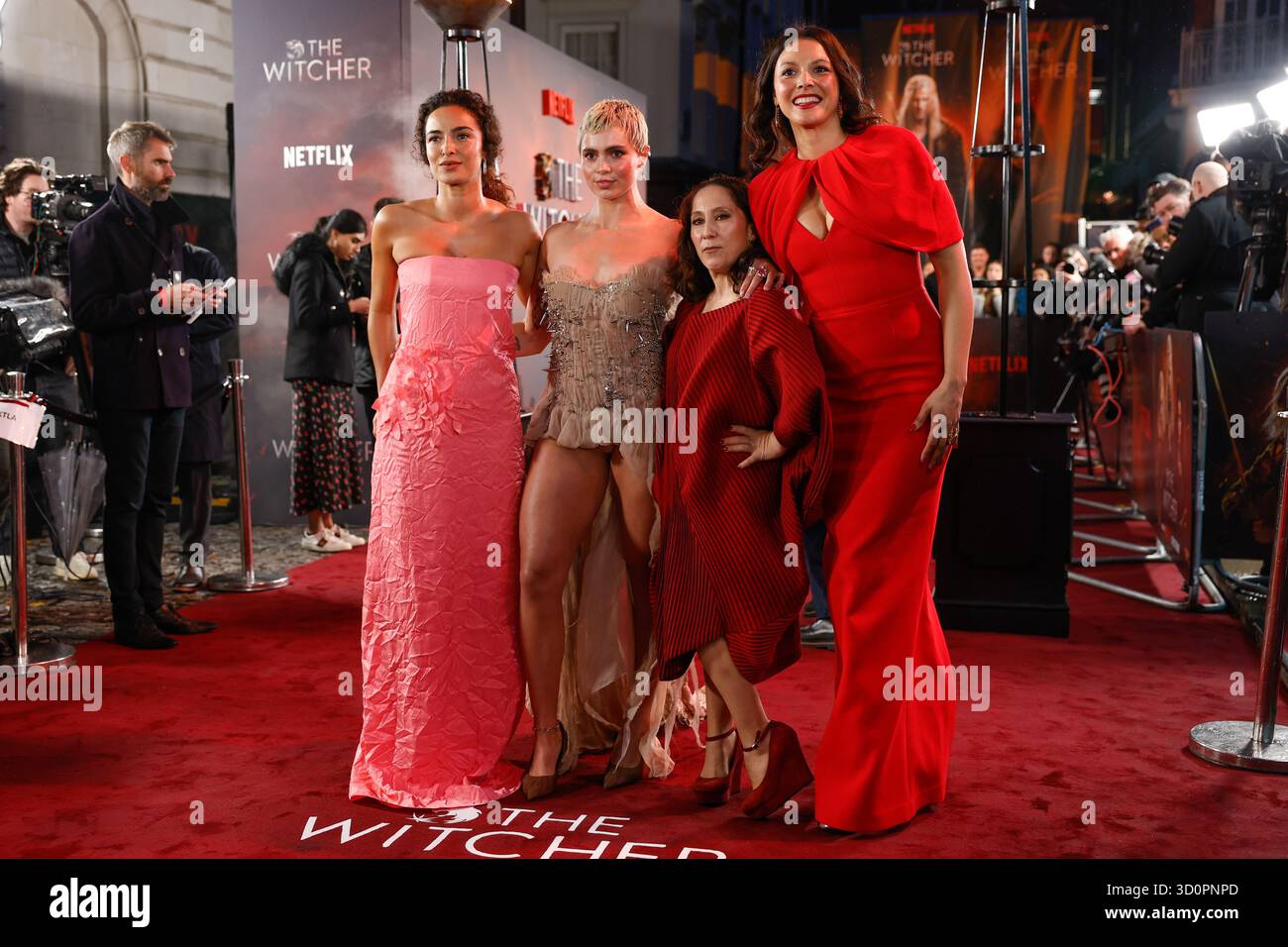 Anna Shaffer, from left, Joelle Rae, Luisa Guerreiro and Mecia Simson pose for photographers ...