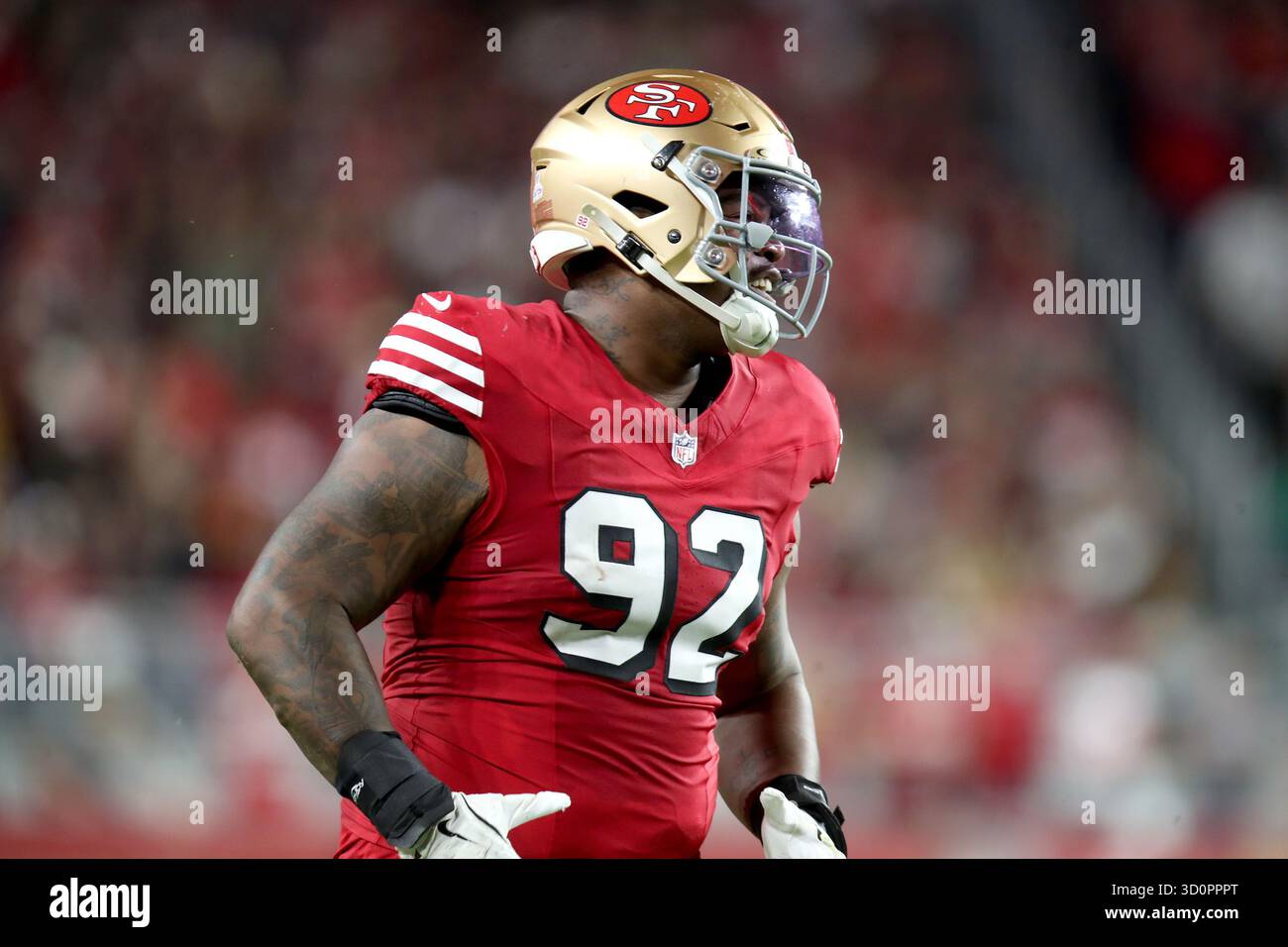 San Francisco 49ers defensive tackle Jordan Elliott (92) reacts after a ...