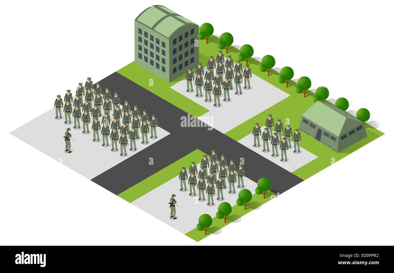 Isometric view of a military base with tanks, missile launchers ...