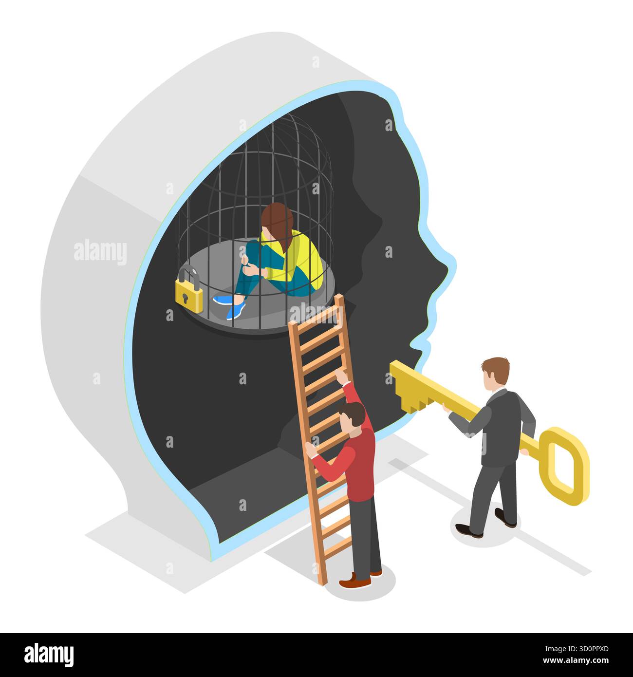 3D Isometric Flat Illustration of Mind Prison, Locked in a Birdcage ...