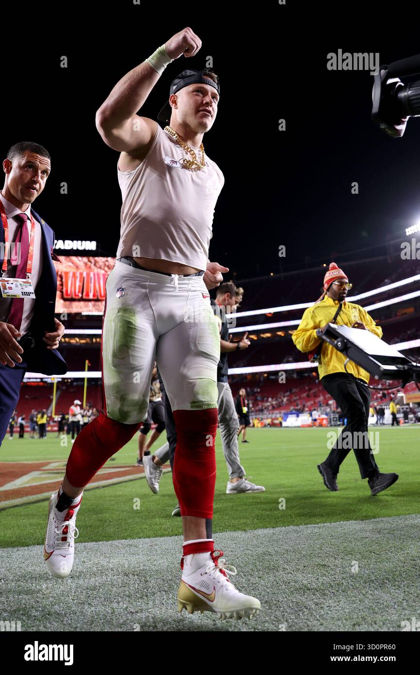 San Francisco 49ers running back Christian McCaffrey (23) runs off the ...