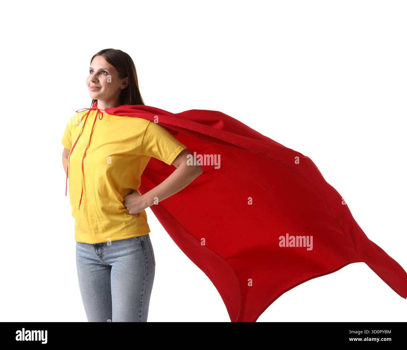 Woman wearing superhero cape on white background Stock Photo - Alamy