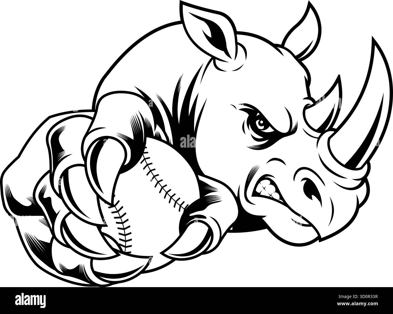 Rhino Baseball Mascot Black And White Line Art - Vector Hand Drawn ...