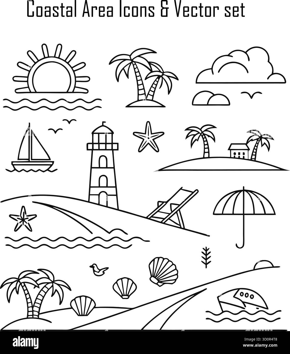 Coastal Area Icon Set, Beach, Shoreline, and Seaside Vector ...