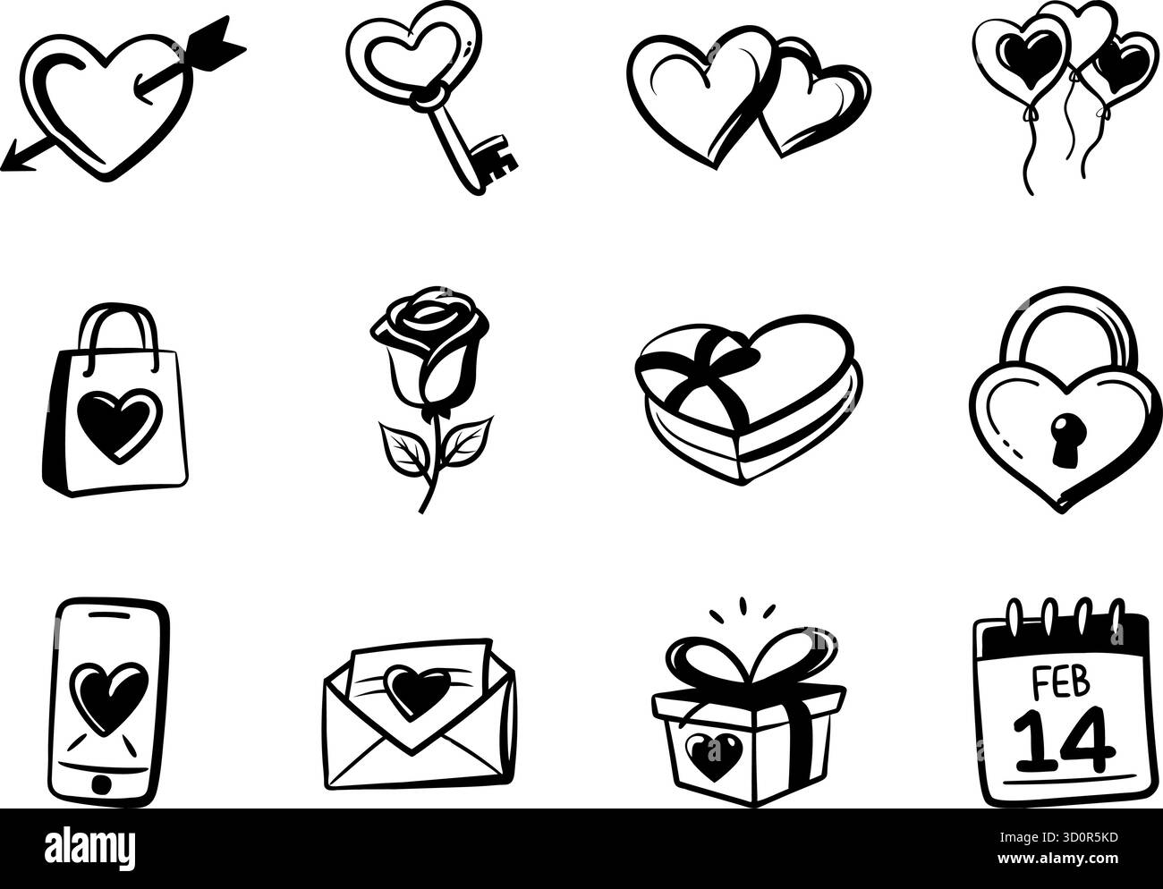 Set of 12 black and white Valentines Day hand drawn doodle icons Stock ...