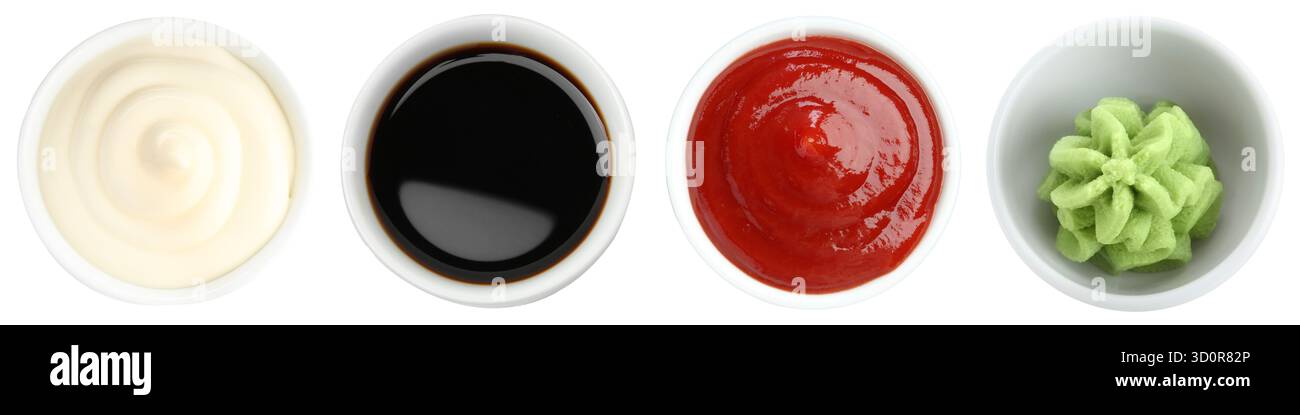 Wasabi, mayonnaise, ketchup and soy sauce, top view. Different ...