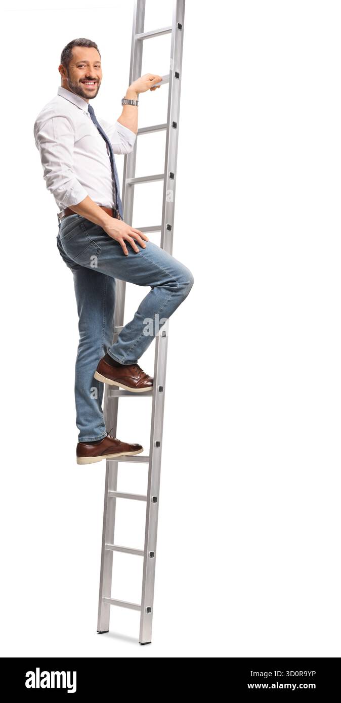 Man climbing a ladder and smiling isolated on white background Stock ...
