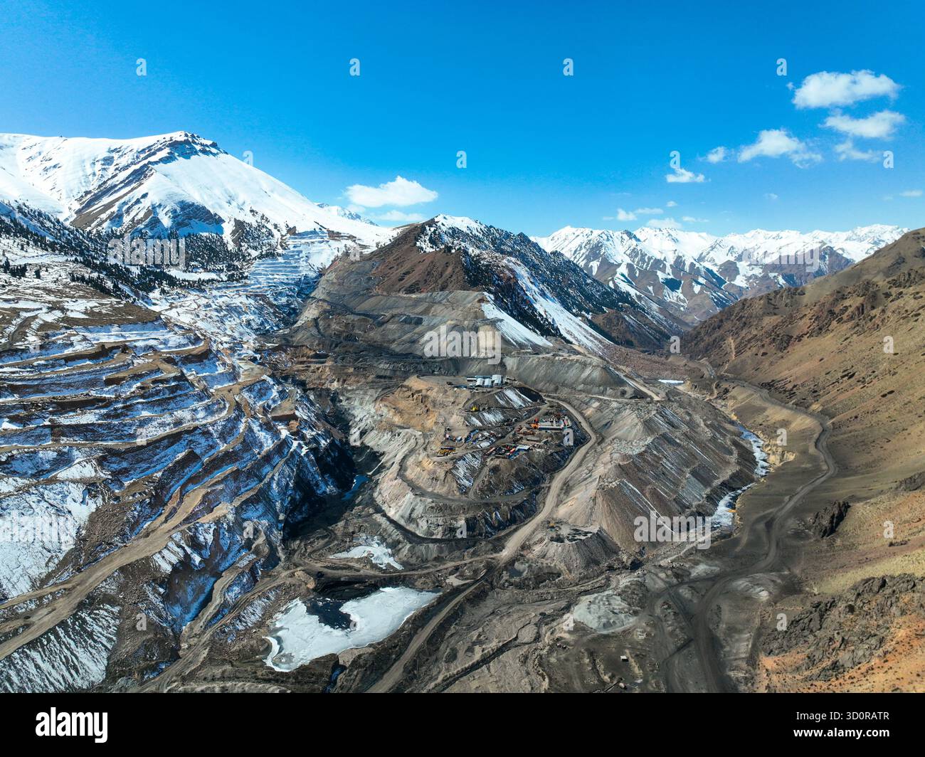 Wide aerial panorama of the open pit mine site, showing industrial ...