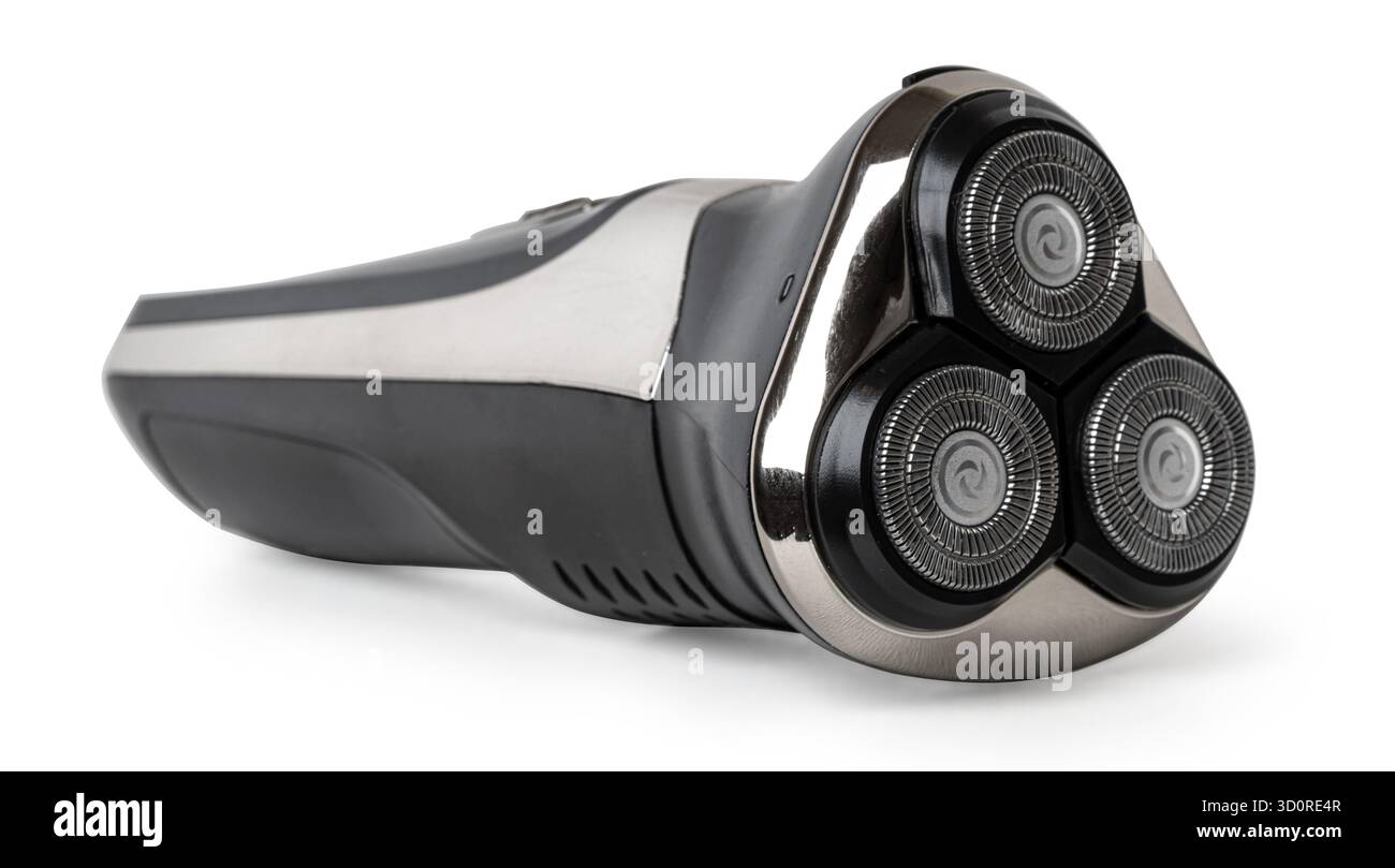 Electric rotary shaver for mens grooming and hygiene on a white ...