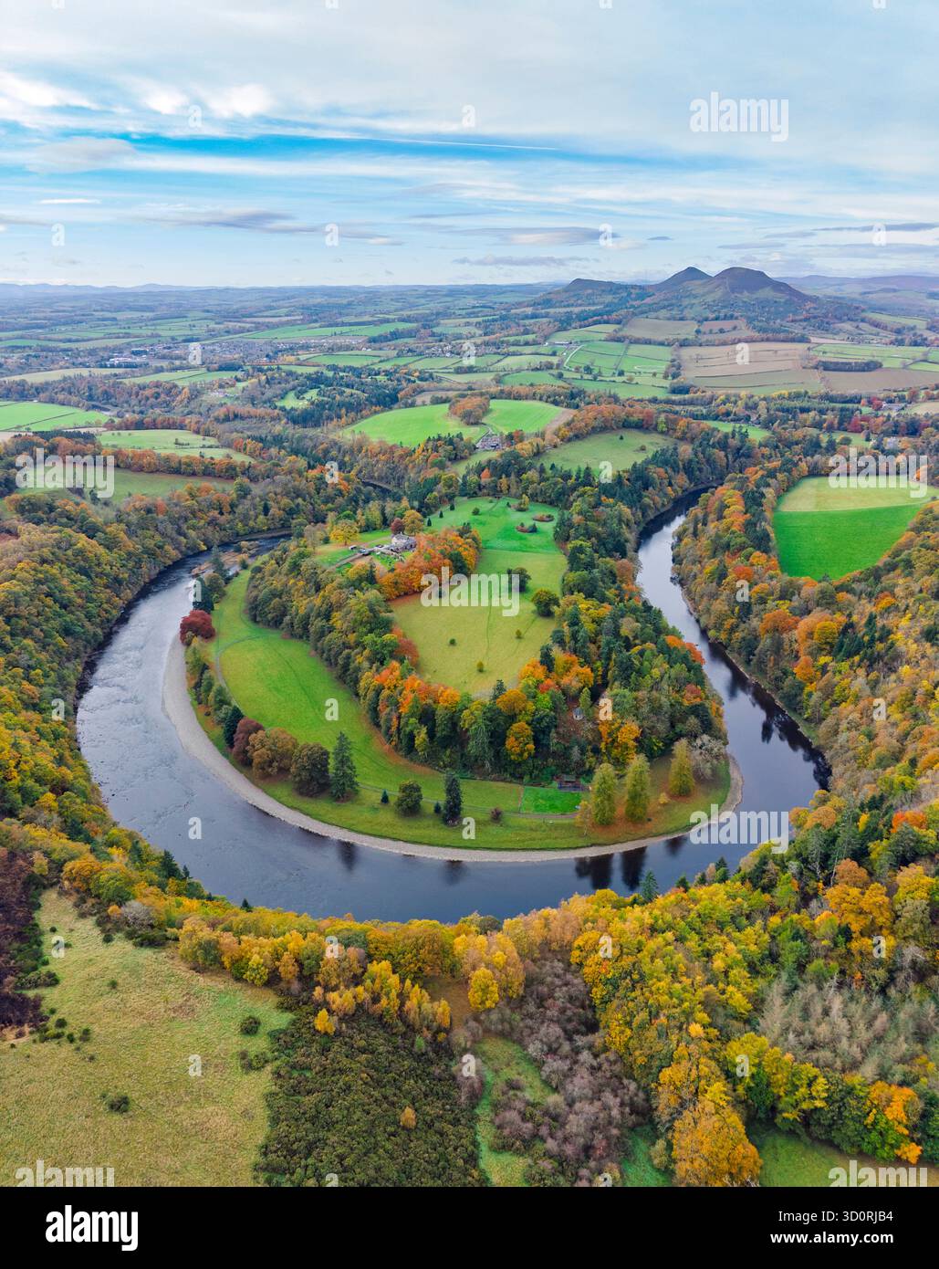 Aerial view in autumn colours of famous Scott’s View over River Tweed ...