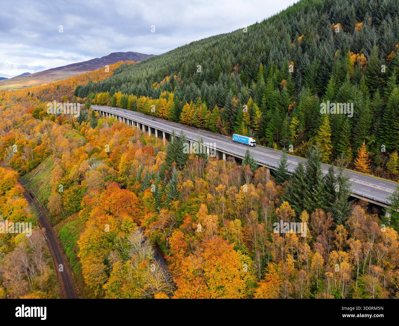 Aerial views of autumn colours in trees beside the A9 highway viaduct ...