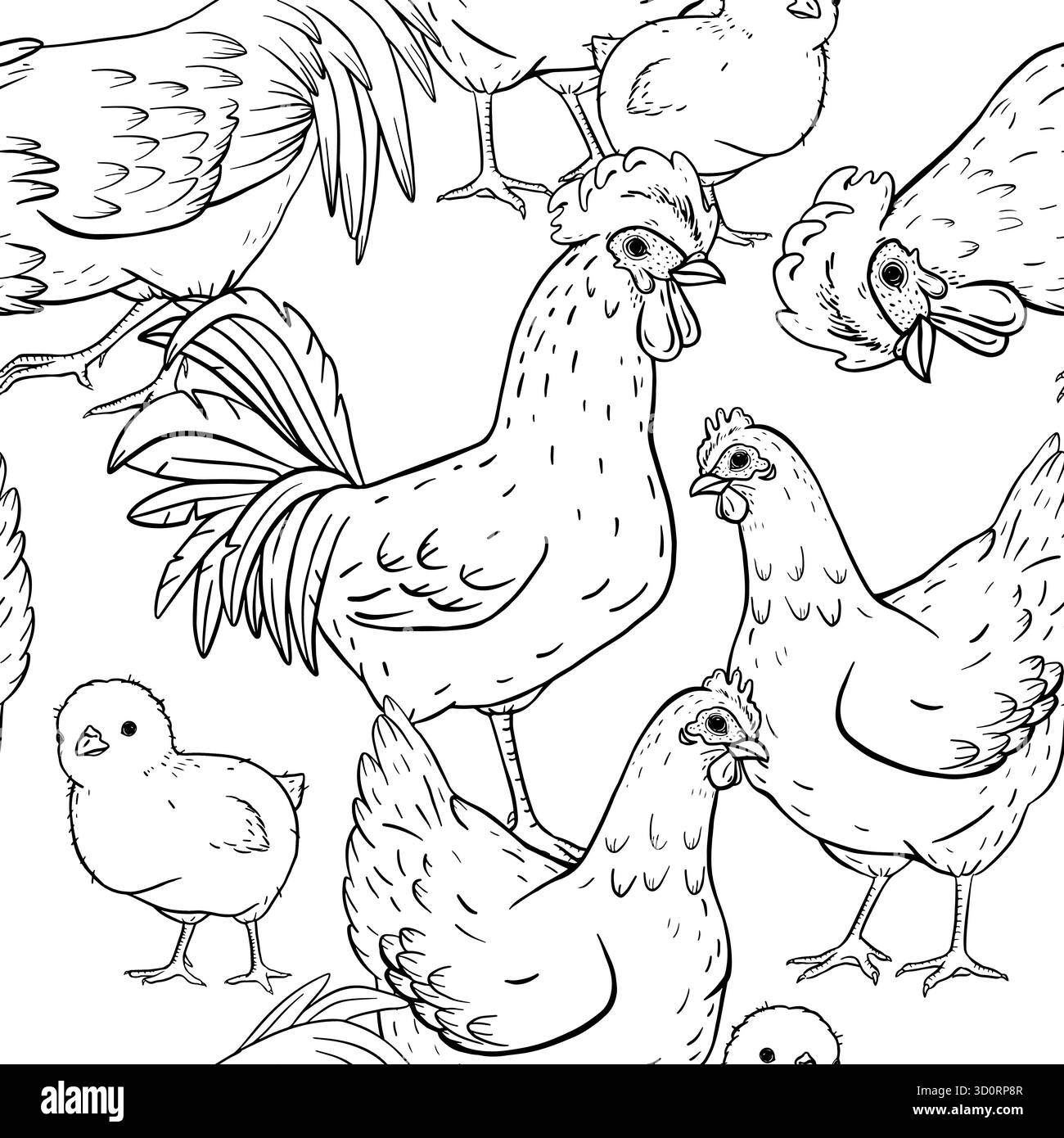 Seamless hand drawn black and white ink pattern with roosters, hens ...