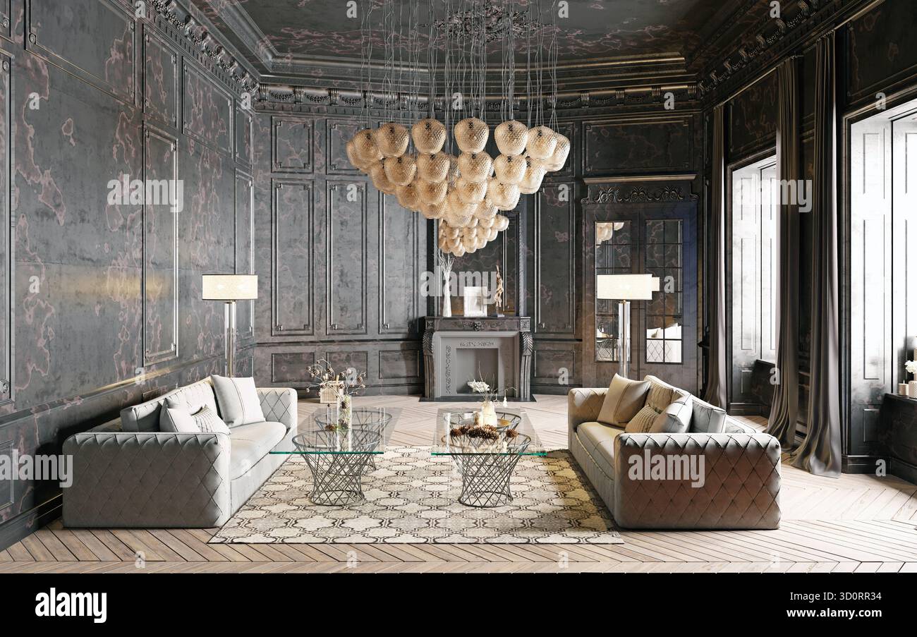 An opulent living room with dark, classic paneled walls, a high ceiling ...