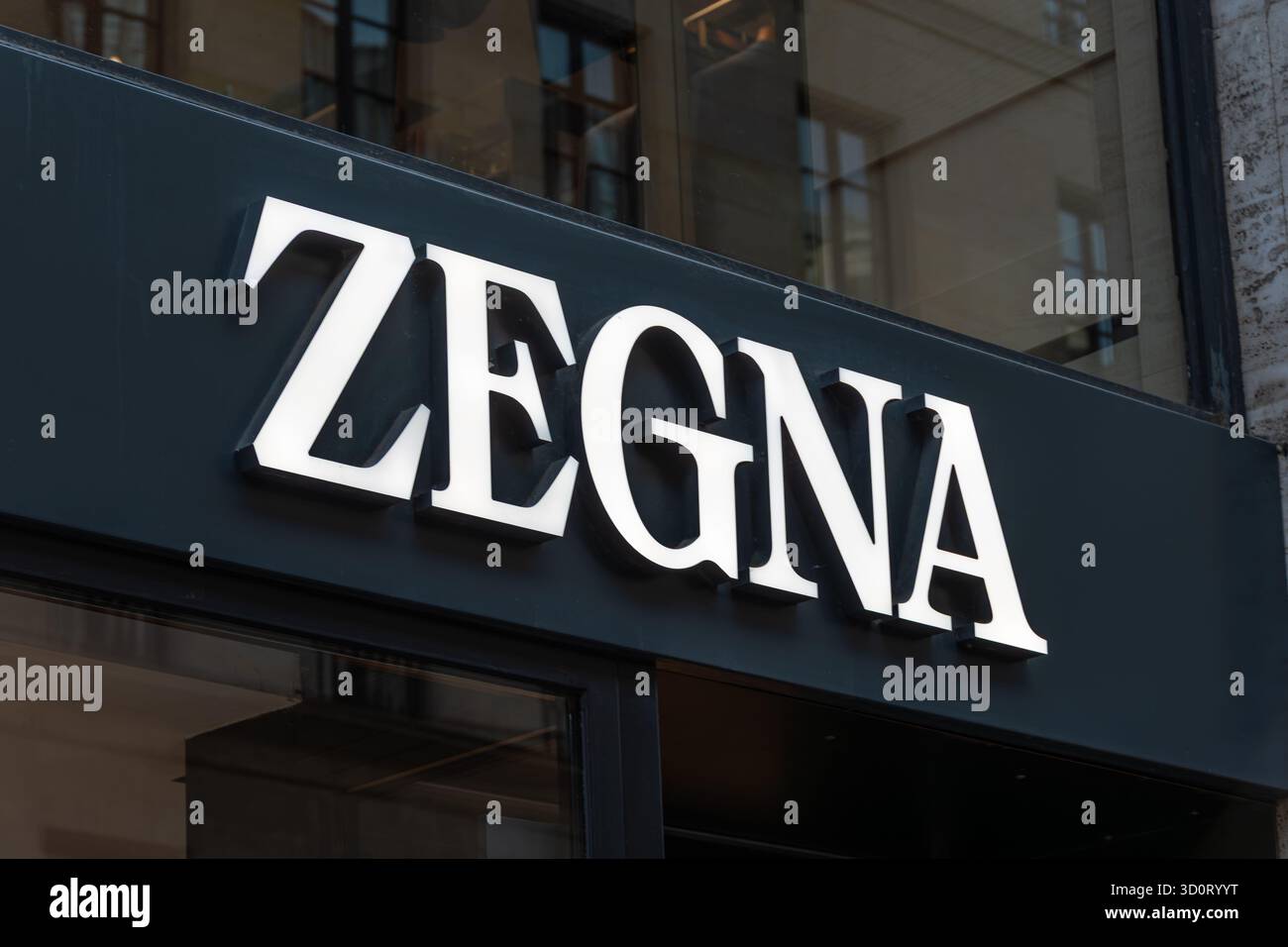 Sign and logo of a Zegna boutique, Paris, France. Ermenegildo Zegna is ...