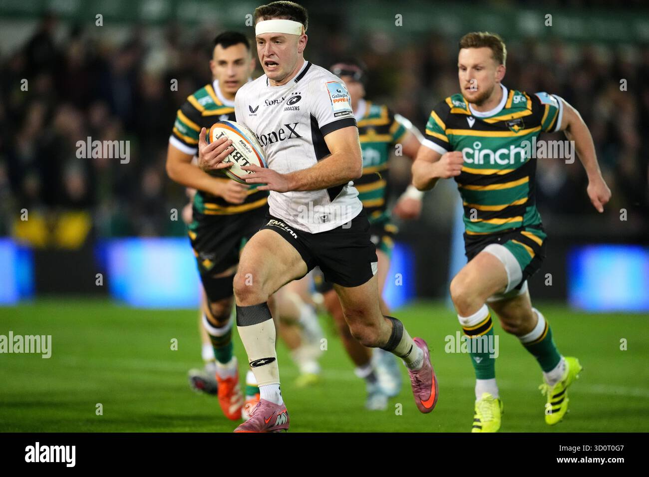 Saracens' Fergus Burke runs through to score their first try during the ...